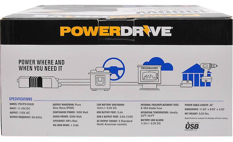 PowerDrive PDIPS1000B DC to AC pure sine wave power inverter with 1000 ...