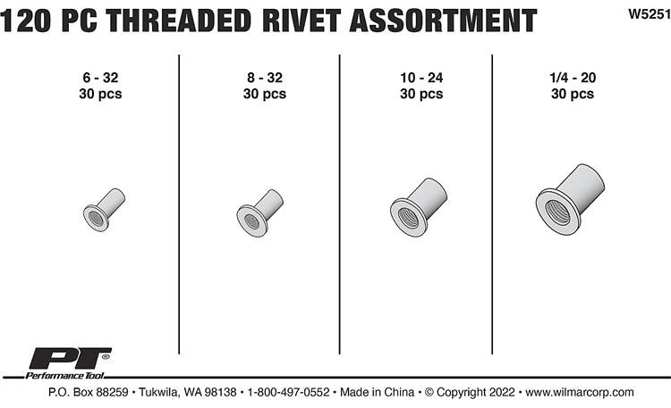 Performance Tool W5251 120-piece threaded rivet assortment — SAE sizes ...