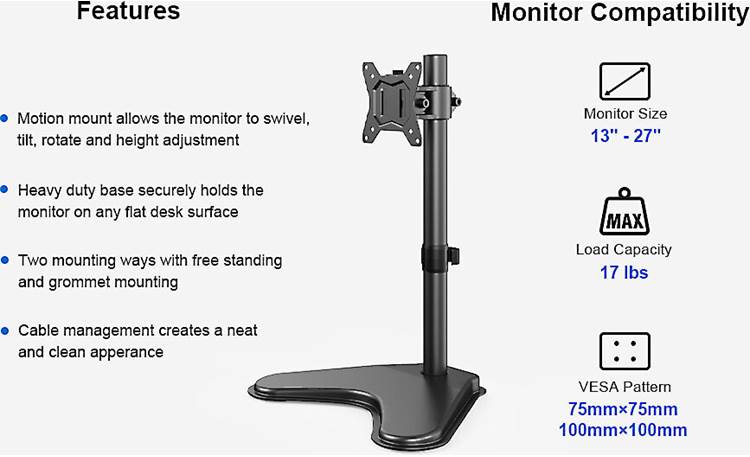 ErgoAV ERDAM1-01B Adjustable-height desktop stand for monitors 13" to ...