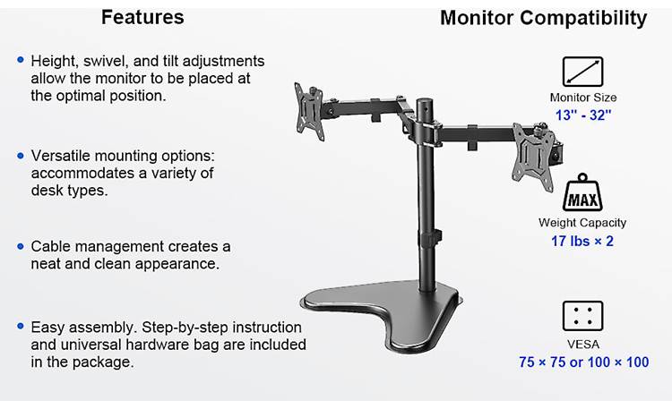 ErgoAV ERDAM4-01B Adjustable-height desktop stand for dual monitors 13 ...