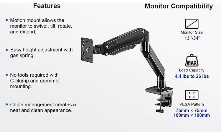 ErgoAV ERDGM2-01B Adjustable-height gas spring mounting arm for ...
