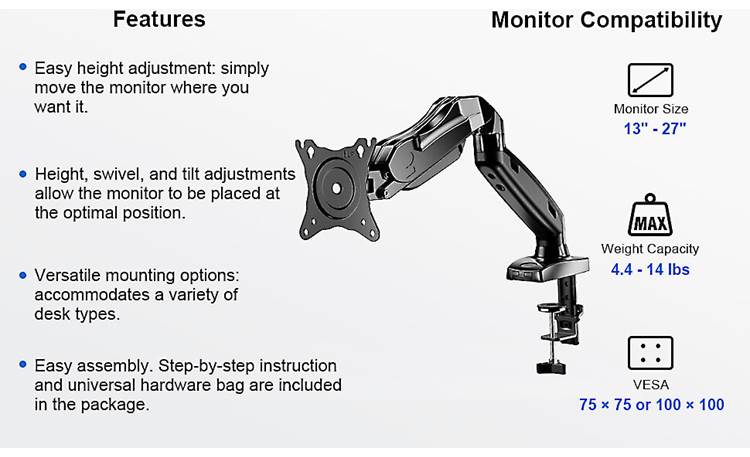 ErgoAV ERDGS1-01B Adjustable-height gas spring mounting arm for ...